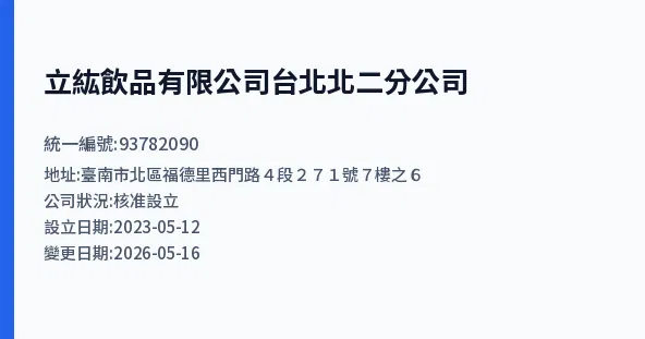 立紘飲品有限公司台北北二分公司的照片-統編 93782090(臺南市) 公司登記資料與營業項目詳細圖表