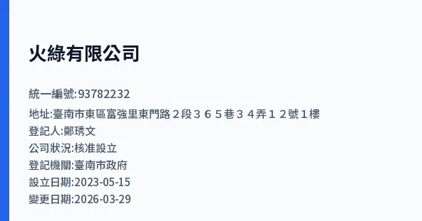 火綠有限公司的照片-統編 93782232(臺南市) 公司登記資料與營業項目詳細圖表