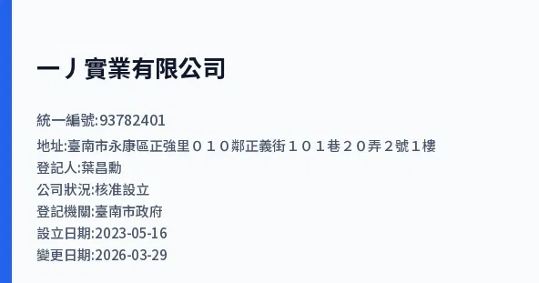 一丿實業有限公司的照片-統編 93782401(臺南市) 公司登記資料與營業項目詳細圖表