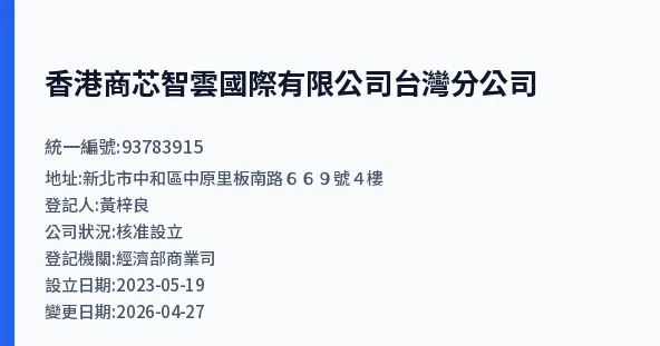 香港商芯智雲國際有限公司台灣分公司的照片-統編 93783915(新北市) 公司登記資料與營業項目詳細圖表