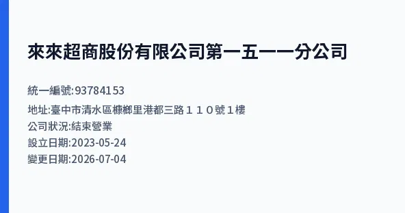 來來超商股份有限公司第一五一一分公司的照片-統編 93784153(臺中市) 公司登記資料與營業項目詳細圖表