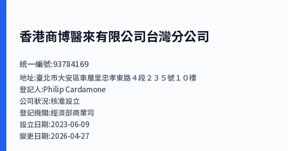 香港商博醫來有限公司台灣分公司的照片-統編 93784169(臺北市) 公司登記資料與營業項目詳細圖表