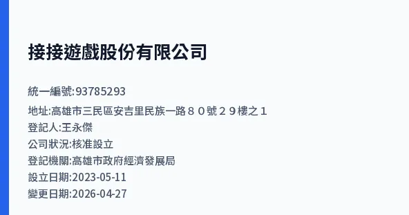 接接遊戲股份有限公司的照片-統編 93785293(高雄市) 公司登記資料與營業項目詳細圖表