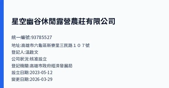 星空幽谷休閒露營農莊有限公司的照片-統編 93785527(高雄市) 公司登記資料與營業項目詳細圖表