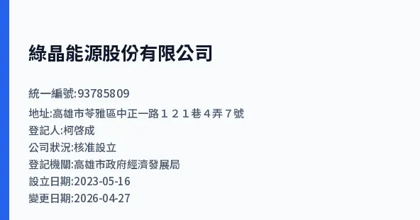 綠晶能源股份有限公司的照片-統編 93785809(高雄市) 公司登記資料與營業項目詳細圖表