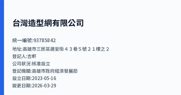 台灣造型網有限公司的照片-統編 93785842(高雄市) 公司登記資料與營業項目詳細圖表