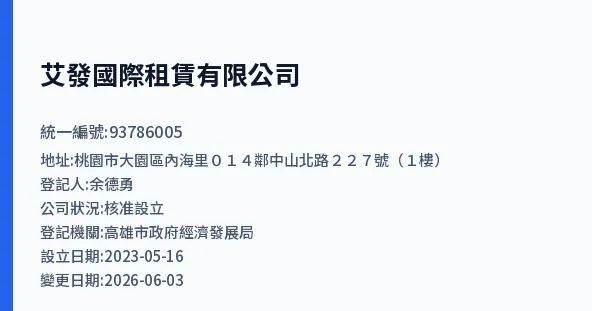 艾發國際租賃有限公司的照片-統編 93786005(桃園市) 公司登記資料與營業項目詳細圖表