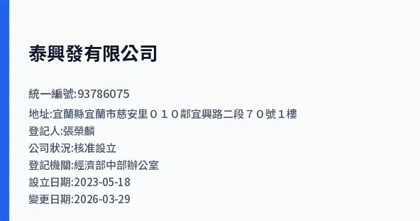 泰興發有限公司的照片-統編 93786075(宜蘭縣) 公司登記資料與營業項目詳細圖表