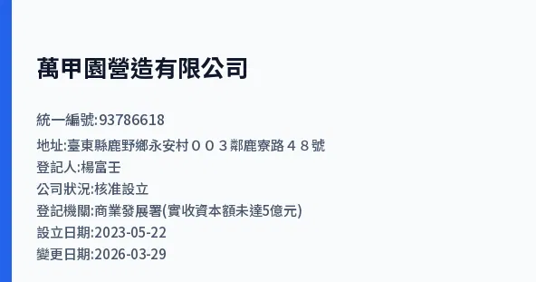萬甲園營造有限公司的照片-統編 93786618(臺東縣) 公司登記資料與營業項目詳細圖表