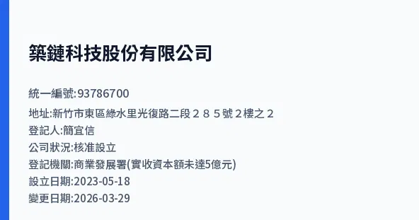 築鏈科技股份有限公司的照片-統編 93786700(新竹市) 公司登記資料與營業項目詳細圖表