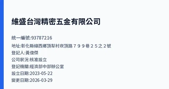 維盛台灣精密五金有限公司的照片-統編 93787216(彰化縣) 公司登記資料與營業項目詳細圖表