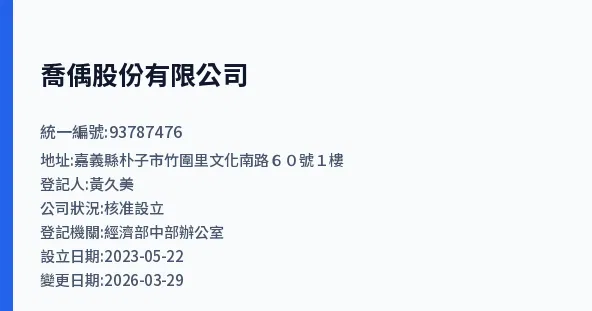 喬偊股份有限公司的照片-統編 93787476(嘉義縣) 公司登記資料與營業項目詳細圖表