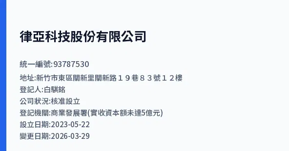 律亞科技股份有限公司的照片-統編 93787530(新竹市) 公司登記資料與營業項目詳細圖表