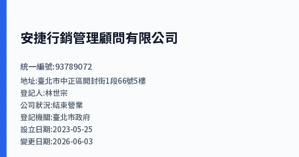 安捷行銷管理顧問有限公司的照片-統編 93789072(臺北市) 公司登記資料與營業項目詳細圖表