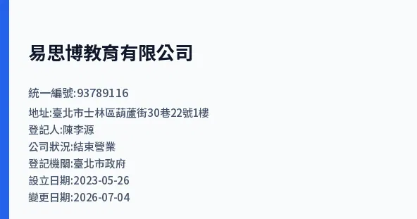 易思博教育有限公司的照片-統編 93789116(臺北市) 公司登記資料與營業項目詳細圖表
