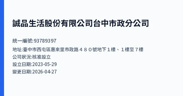 誠品生活股份有限公司台中市政分公司的照片-統編 93789397(臺中市) 公司登記資料與營業項目詳細圖表