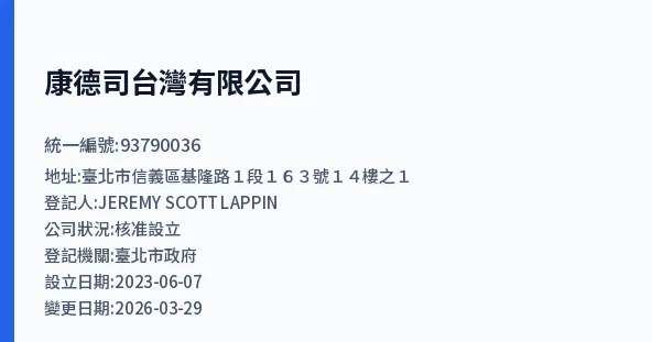 康德司台灣有限公司的照片-統編 93790036(臺北市) 公司登記資料與營業項目詳細圖表