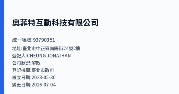 奧菲特互動科技有限公司的照片-統編 93790351(臺北市) 公司登記資料與營業項目詳細圖表