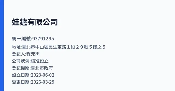 娃鑪有限公司的照片-統編 93791295(臺北市) 公司登記資料與營業項目詳細圖表