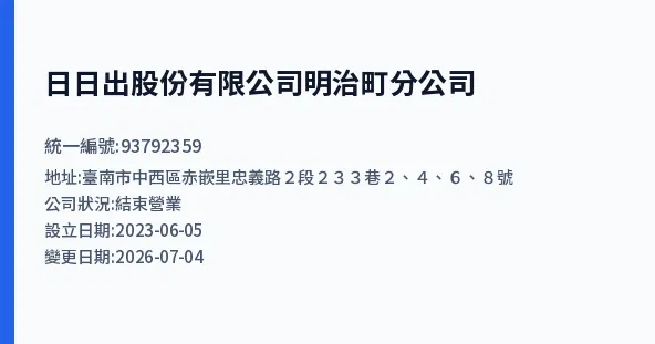日日出股份有限公司明治町分公司的照片-統編 93792359(臺南市) 公司登記資料與營業項目詳細圖表