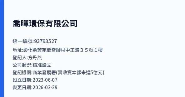喬暉環保有限公司的照片-統編 93793527(彰化縣) 公司登記資料與營業項目詳細圖表
