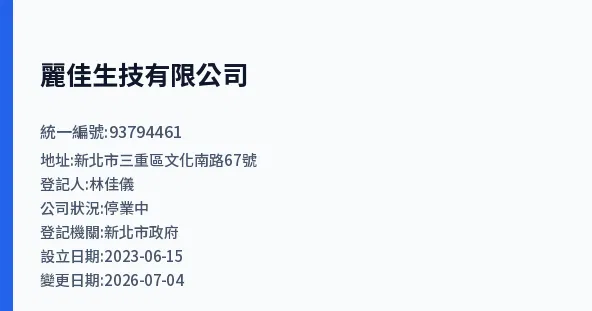 麗佳生技有限公司的照片-統編 93794461(新北市) 公司登記資料與營業項目詳細圖表