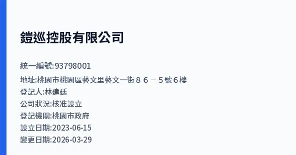 鎧巡控股有限公司的照片-統編 93798001(桃園市) 公司登記資料與營業項目詳細圖表