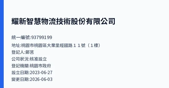 耀新智慧物流技術股份有限公司的照片-統編 93799199(桃園市) 公司登記資料與營業項目詳細圖表