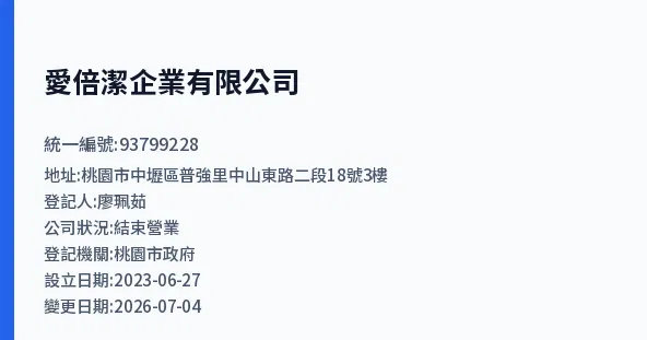 愛倍潔企業有限公司的照片-統編 93799228(桃園市) 公司登記資料與營業項目詳細圖表