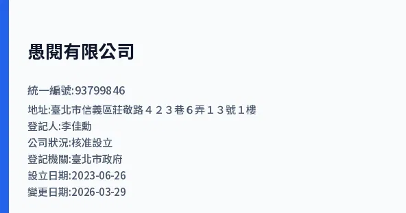 愚閱有限公司的照片-統編 93799846(臺北市) 公司登記資料與營業項目詳細圖表