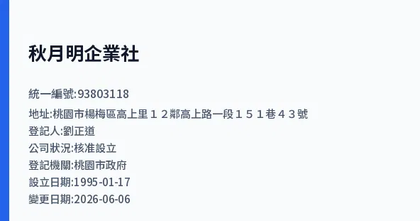 秋月明企業社的照片-統編 93803118(桃園市) 公司登記資料與營業項目詳細圖表