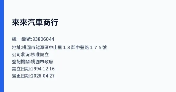 來來汽車商行的照片-統編 93806044(桃園市) 公司登記資料與營業項目詳細圖表