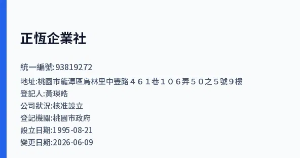 正恆企業社的照片-統編 93819272(桃園市) 公司登記資料與營業項目詳細圖表