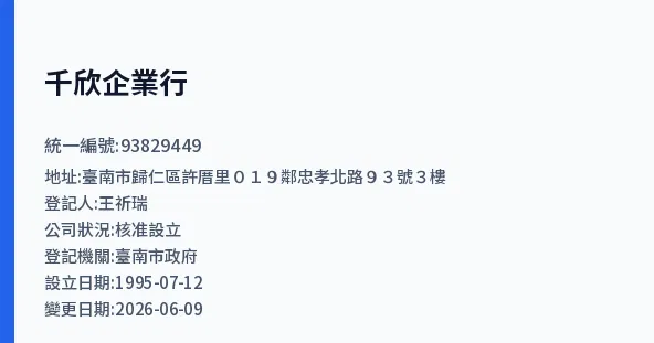 千欣企業行的照片-統編 93829449(臺南市) 公司登記資料與營業項目詳細圖表