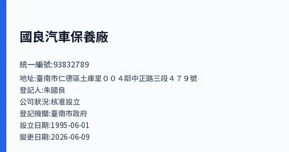 國良汽車保養廠的照片-統編 93832789(臺南市) 公司登記資料與營業項目詳細圖表