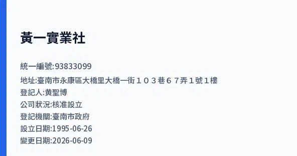 黃一實業社的照片-統編 93833099(臺南市) 公司登記資料與營業項目詳細圖表