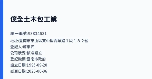 億全土木包工業的照片-統編 93834631(臺南市) 公司登記資料與營業項目詳細圖表