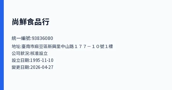 尚鮮食品行的照片-統編 93836080(臺南市) 公司登記資料與營業項目詳細圖表