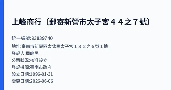 上峰商行〔郵寄新營市太子宮44之7號〕的照片-統編 93839740(臺南市) 公司登記資料與營業項目詳細圖表