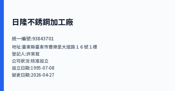 日隆不銹鋼加工廠的照片-統編 93843701(臺東縣) 公司登記資料與營業項目詳細圖表