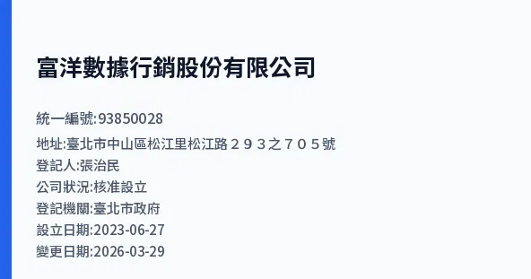 富洋數據行銷股份有限公司的照片-統編 93850028(臺北市) 公司登記資料與營業項目詳細圖表