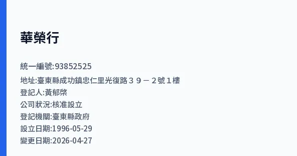 華榮行的照片-統編 93852525(臺東縣) 公司登記資料與營業項目詳細圖表