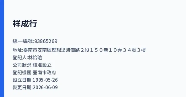 祥成行的照片-統編 93865269(臺南市) 公司登記資料與營業項目詳細圖表