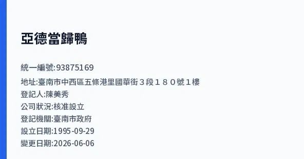 亞德當歸鴨的照片-統編 93875169(臺南市) 公司登記資料與營業項目詳細圖表