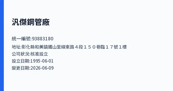 汎傑鋼管廠的照片-統編 93883180(彰化縣) 公司登記資料與營業項目詳細圖表