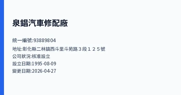 泉錩汽車修配廠的照片-統編 93889804(彰化縣) 公司登記資料與營業項目詳細圖表
