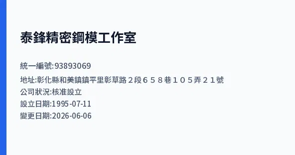 泰鋒精密鋼模工作室的照片-統編 93893069(彰化縣) 公司登記資料與營業項目詳細圖表