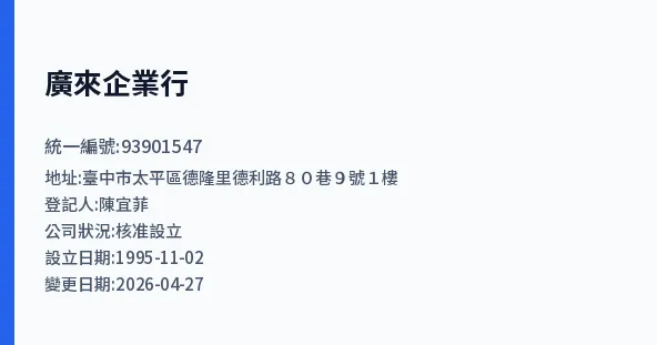 廣來企業行的照片-統編 93901547(臺中市) 公司登記資料與營業項目詳細圖表
