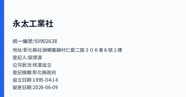永太工業社的照片-統編 93902638(彰化縣) 公司登記資料與營業項目詳細圖表