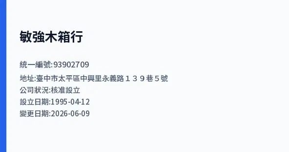 敏強木箱行的照片-統編 93902709(臺中市) 公司登記資料與營業項目詳細圖表